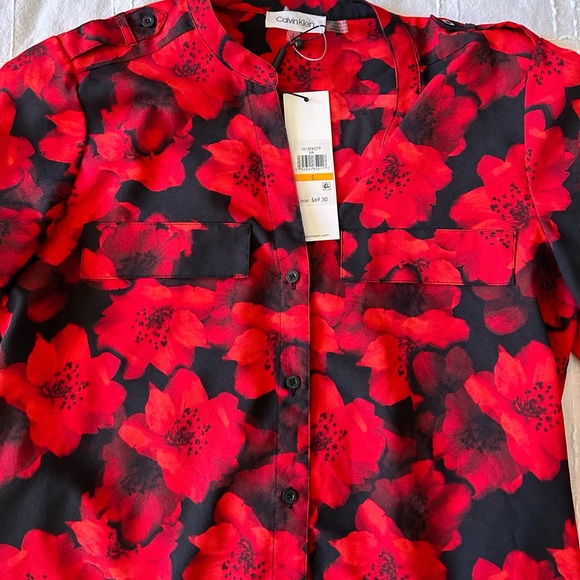 Calvin Klein | Tops | Calvin Klein Red Flowers Print Button Down Long ...